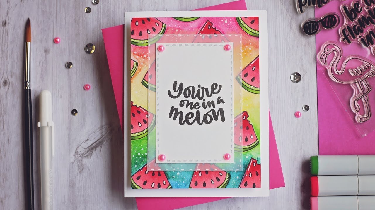 Watercolor Watermelon Card - Simon's July Card Kit - YouTube