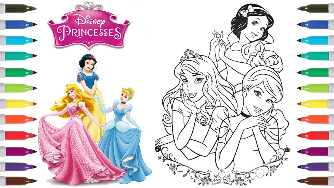 Disney Princesses Coloring Book Page | Cinderella, Snow White, & Aurora ...