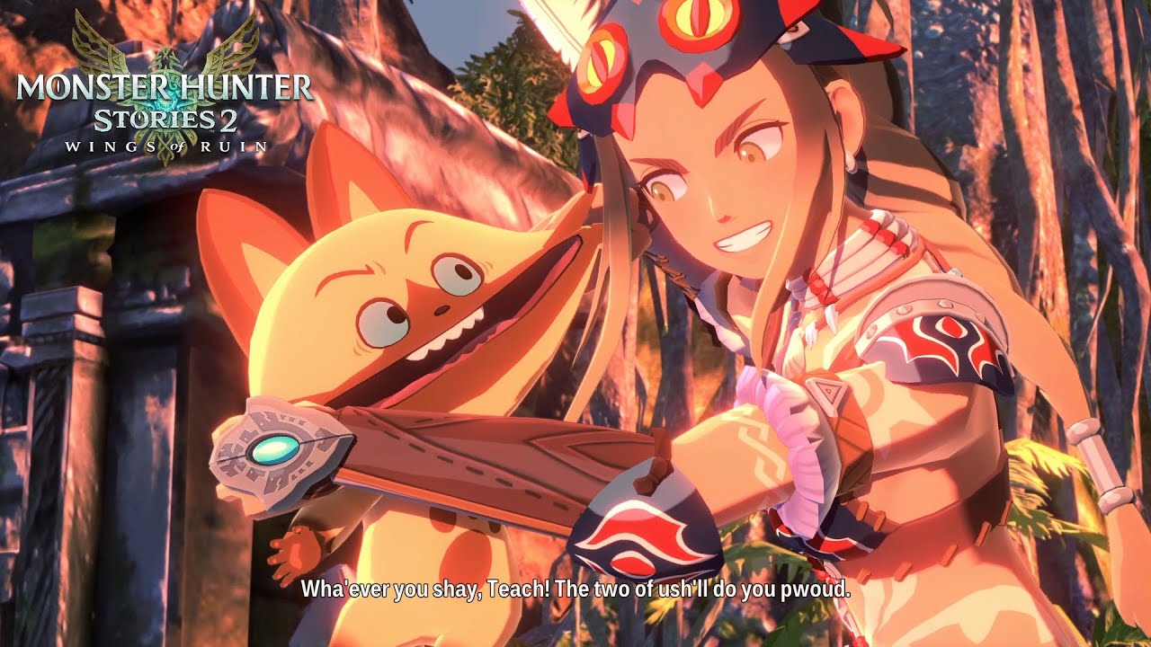 Monster Hunter Stories 2 Wings of Ruin: Kayna stretching Navirou's face ...