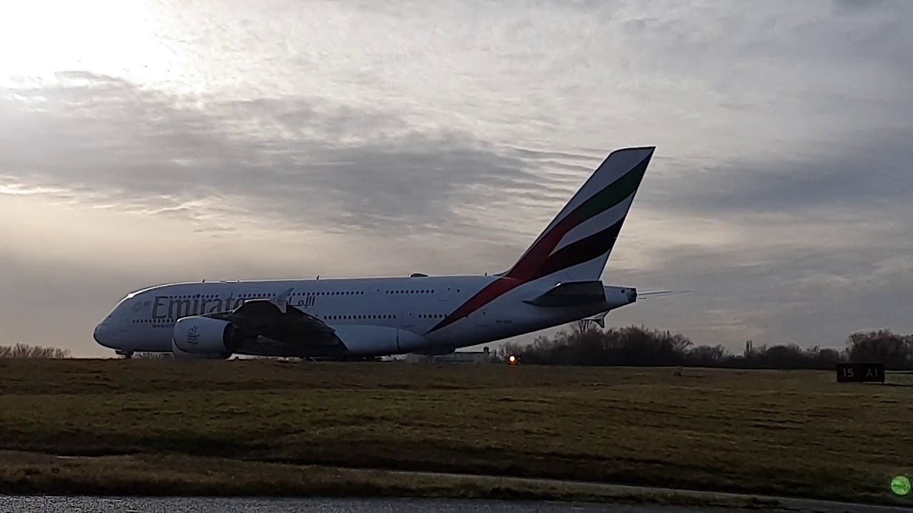 Emirates A380 taxi and takeoff, Birmingham BHX - YouTube