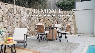 GRAND PATIO 5-Piece Patio High Swivel Bar Set with Fire Pit, Leather-Look Wicker Bar Stools