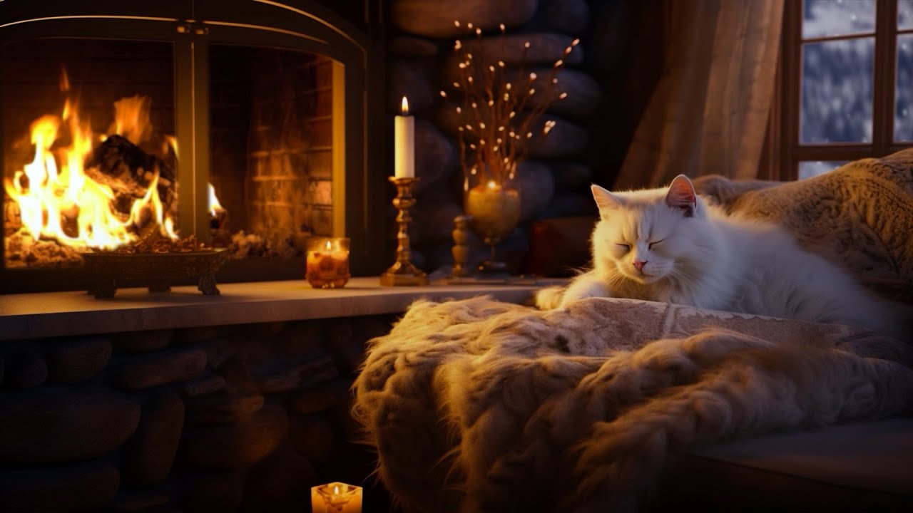 12 hrs Purring Cat and Crackling Fireplace 🔥 Sleep in Cozy Ambience ...