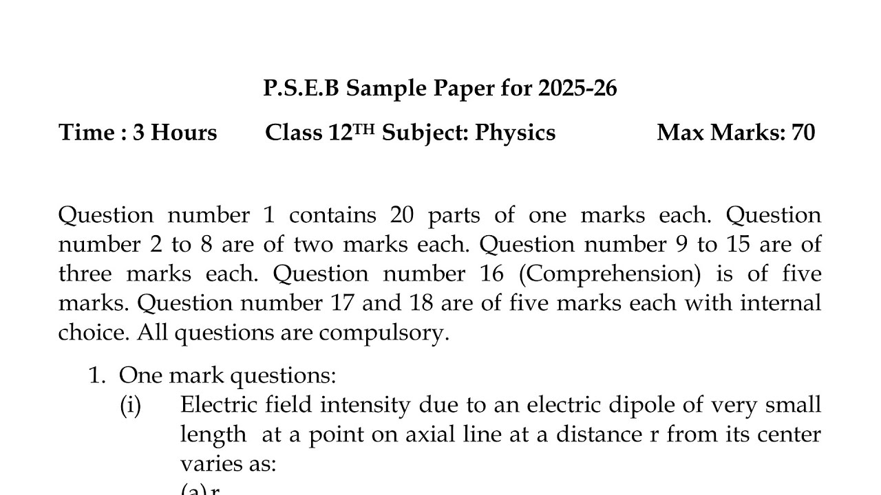 Physics offical sample paper issued by PSEB #pseb #physics - YouTube