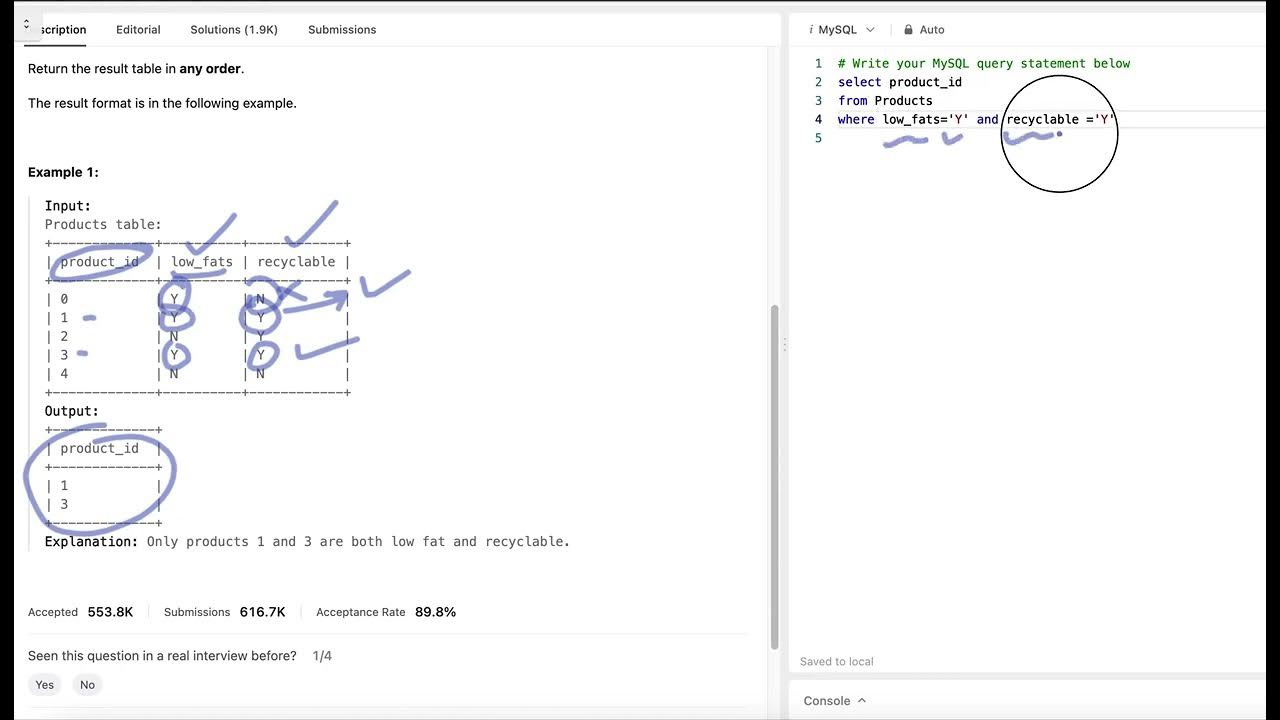 1757. Recyclable and Low Fat Products | LeetCode | Hindi | Top 50 sql interview questions - YouTube