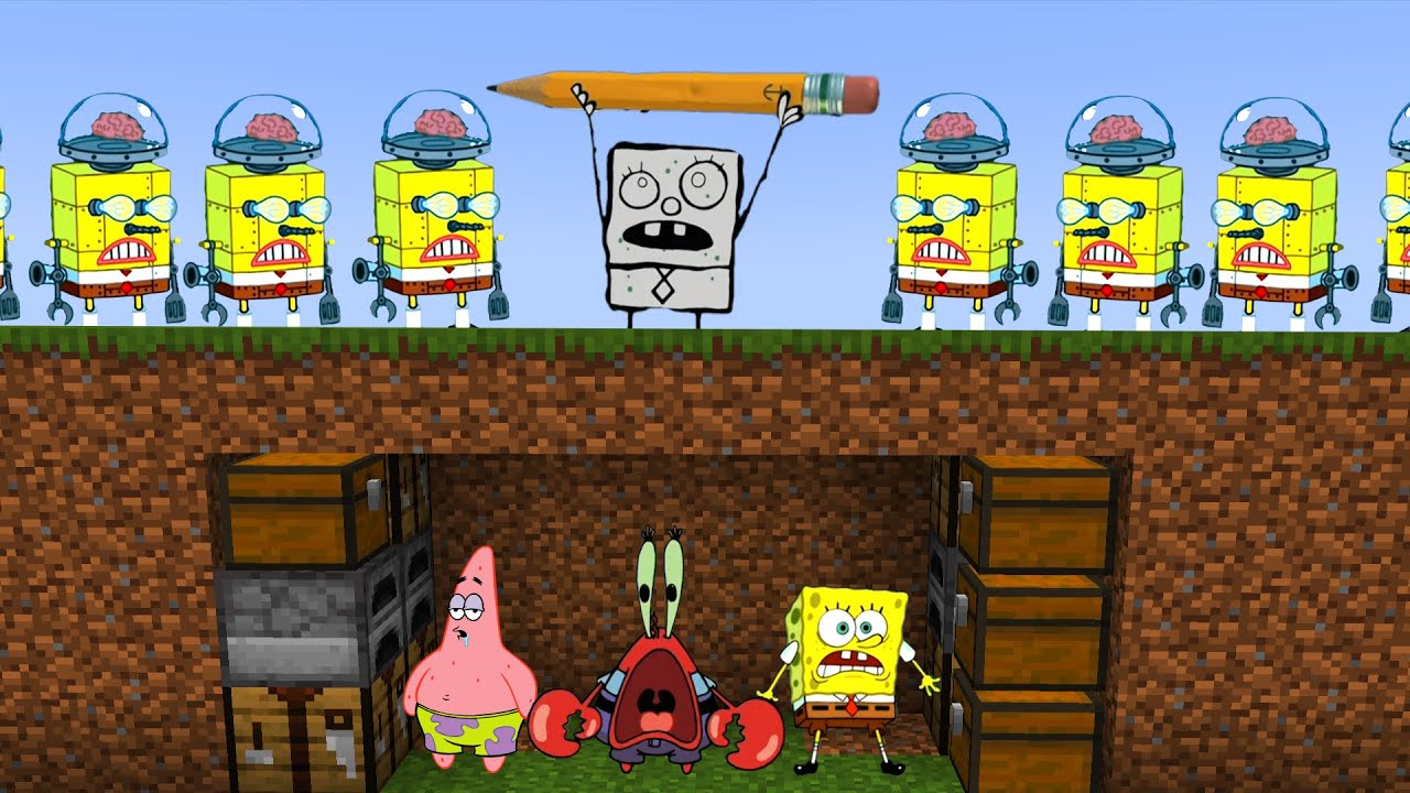 Minecraft Speedrunners VS 2 Hunters: DoodleBob & 10 SpongeBob Robots ...