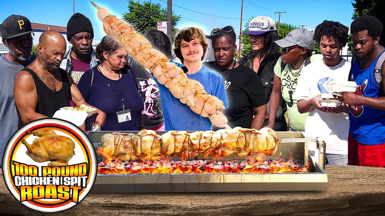 Making A 100 Pound Chicken Spit Roast For The Homeless! - YouTube