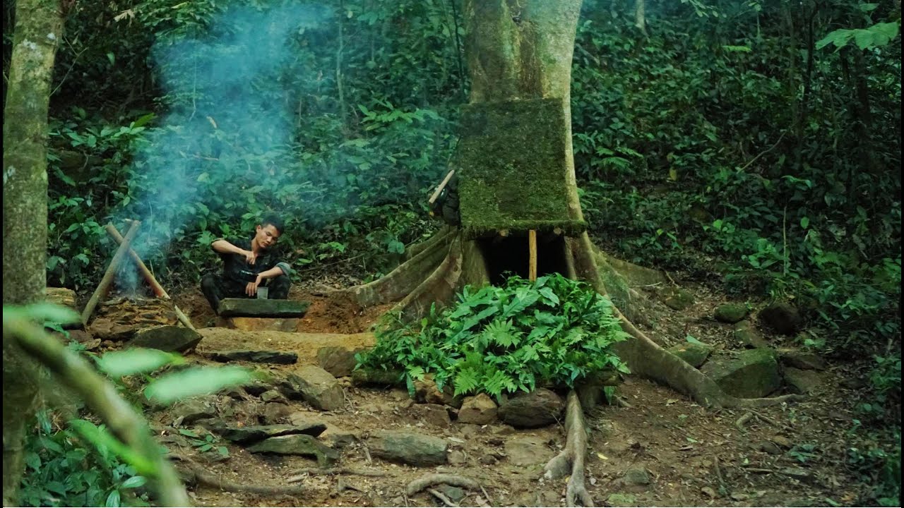 Build a secret shelter under a big tree and forage in the wild and cook ...