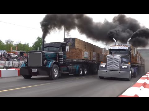 semi truck loaded drag racing caterpillar c15 vs cummins x15 - YouTube