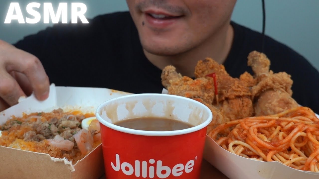 ASMR | Jollibee ~ Chickenjoy + Palabok + Jolly Spaghetti + Mango Peach ...