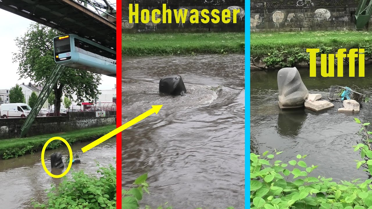 Elefant Tuffi vom Hochwasser umspült * Schwebebahn Wuppertal WSW - YouTube