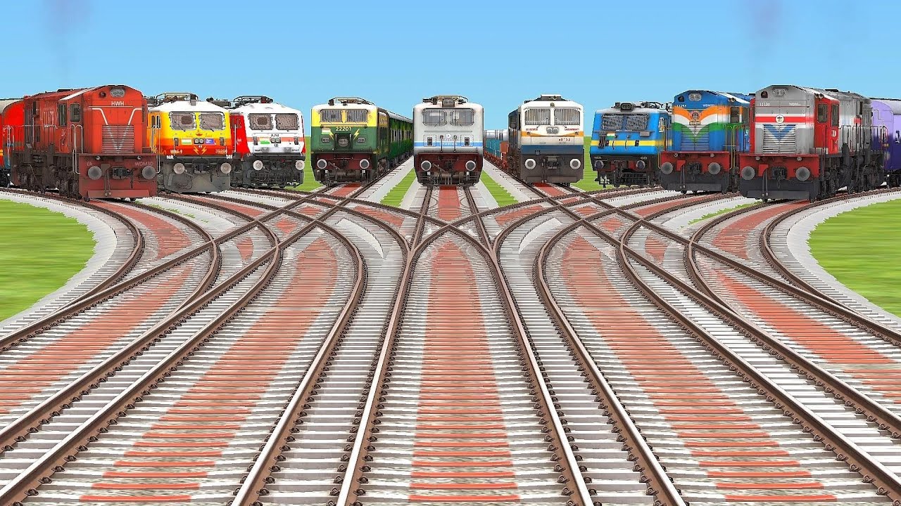 9 Realstic Trains Crossings On Bumpy🔺️ Branched 3D Railroad Tracks ...