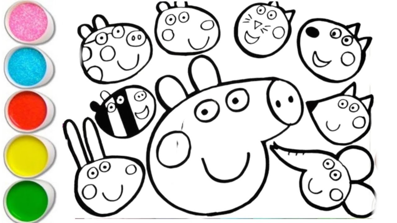 peppa pig face with her friends face drawing and coloring for kids and ...