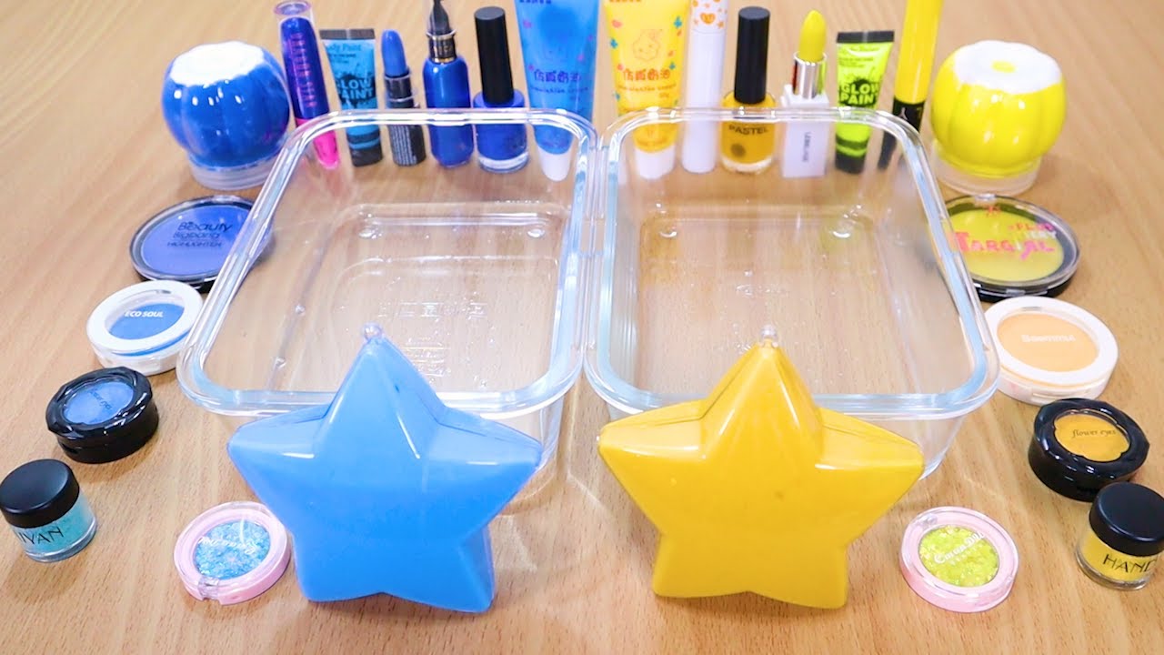 Blue vs Yellow- Mixing Makeup Eyeshadow Into Clear Slime ASMR 20 ...