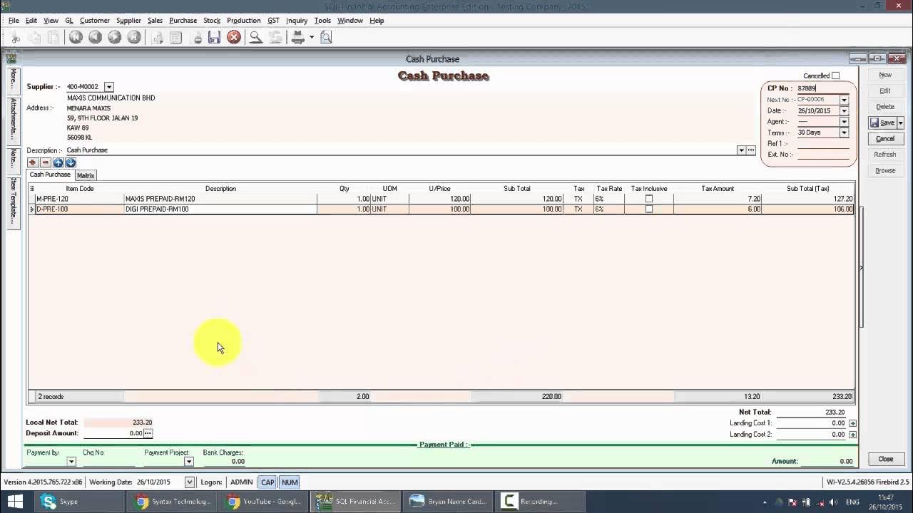 SQL ACCOUNTING SYSTEM GST 018 CASH PURCHASE - YouTube