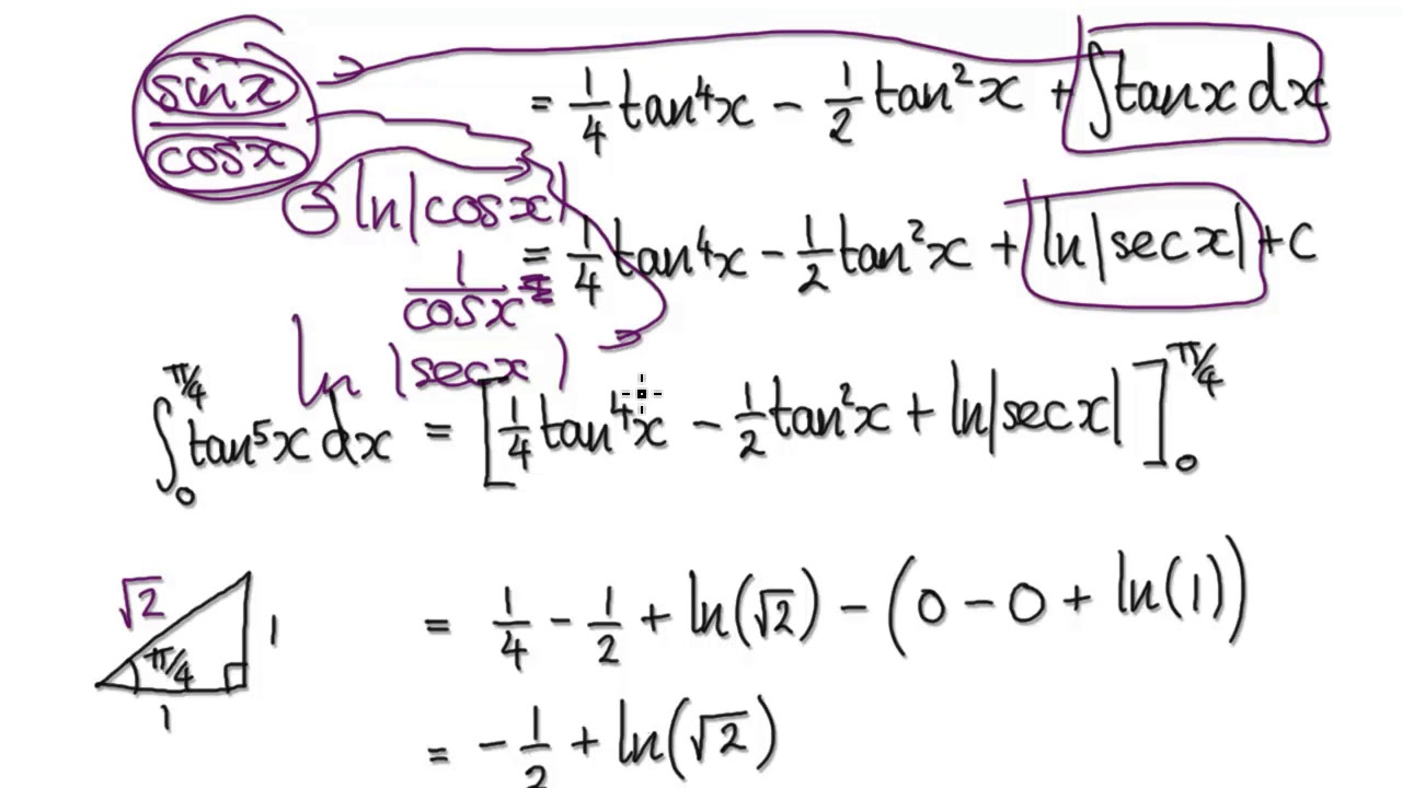 Video 2034.19 - Integrate tan^5 x - Definite integral, reduction ...