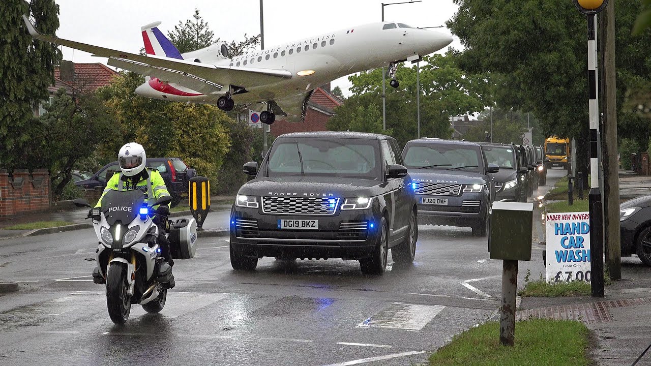 Emmanuel Macron Motorcade & Aircraft in London - YouTube