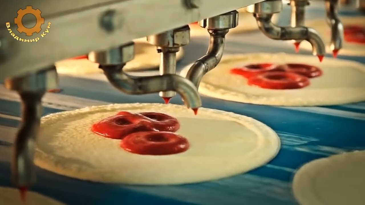 Amazing pizza production. Interesting work of automatic production line ...