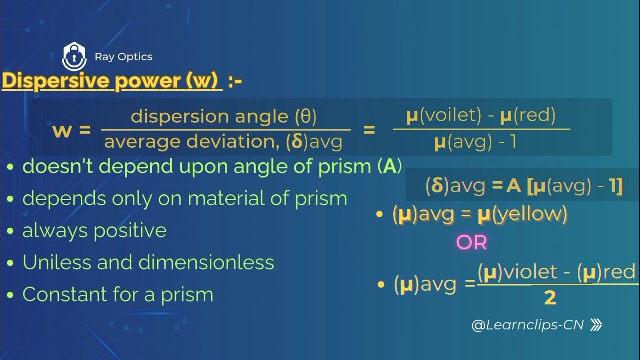 Prism , dispersion angle , dispersive power , minimum deviation # ...