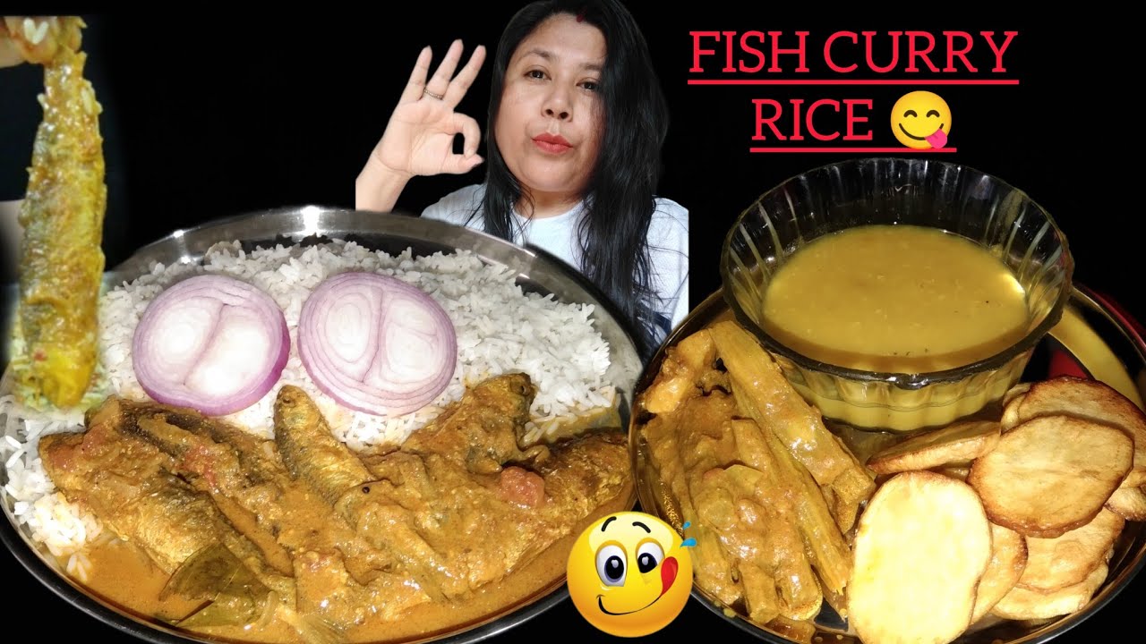 FISH CURRY AND RICE MUKBANG // SMALL FISH WITH RICE,AALU FRY, DRUMSTICK ...