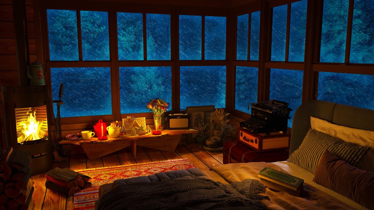 Cozy Winter Sleeping Cabin - Winter Night with Relaxing Blizzard and ...