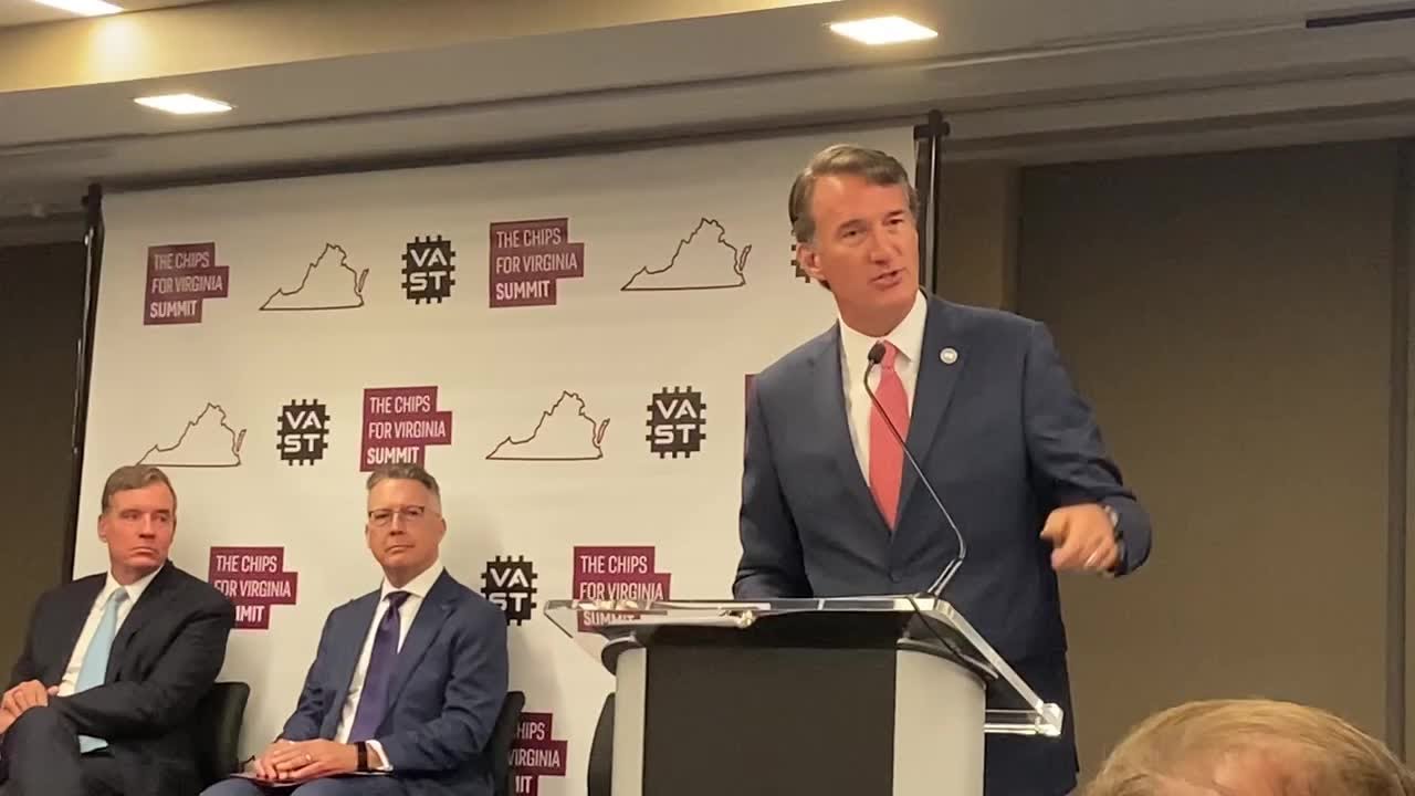 Gov. Glenn Youngkin and Sen. Mark Warner, D-Va., speak at the CHIPS for ...