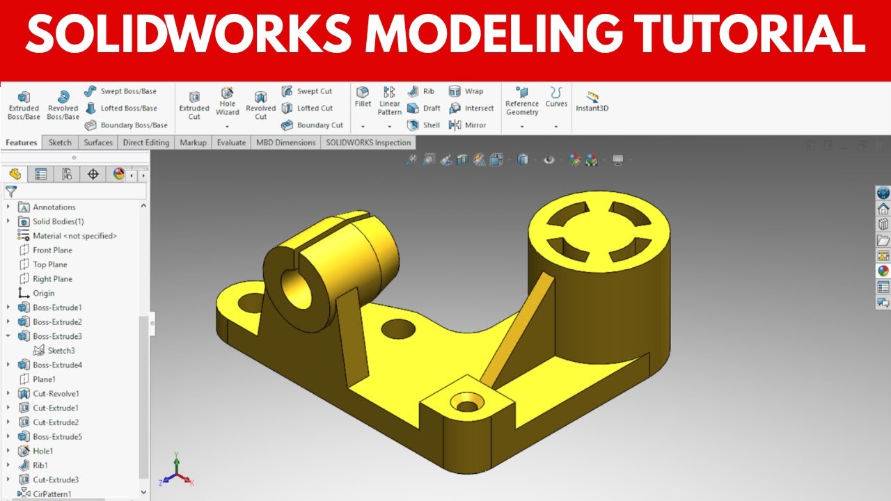 SOLIDWORKS Modeling Tutorial | Mechanical Bracket Part Design (Beginner ...