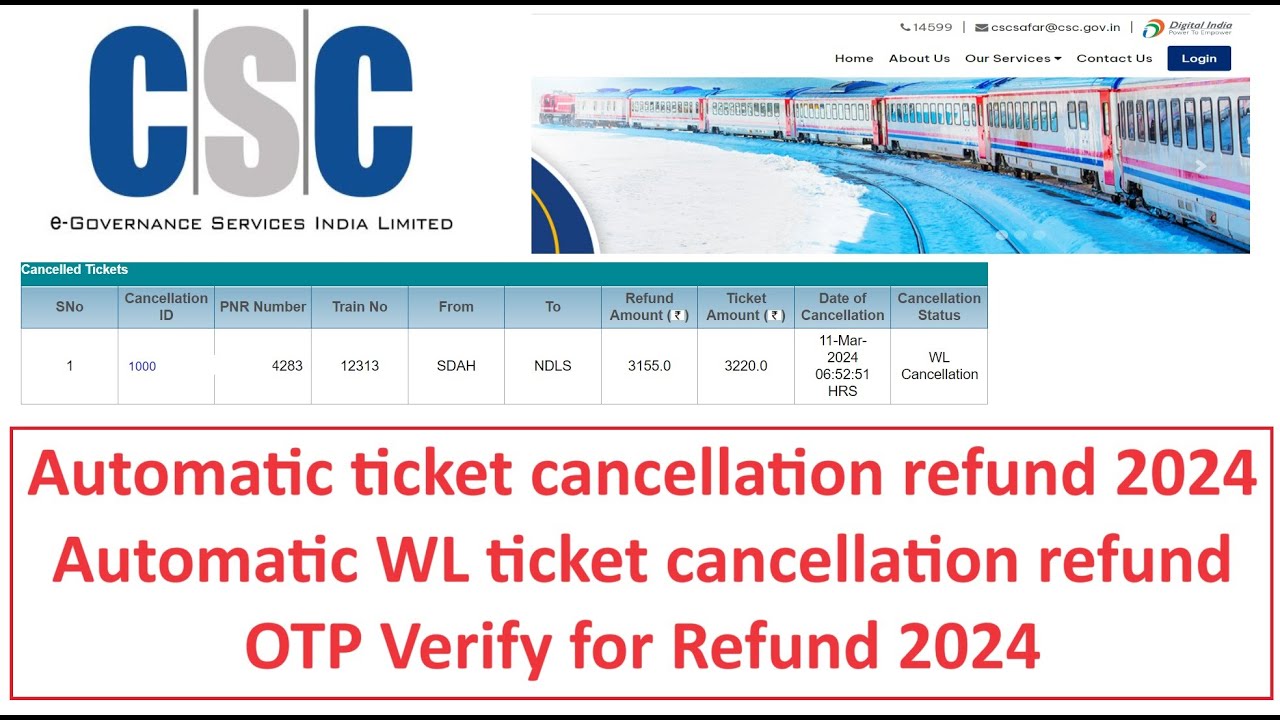 Automatic Ticket Cancellation Refund for csc irctc agent 2024 | OTP ...