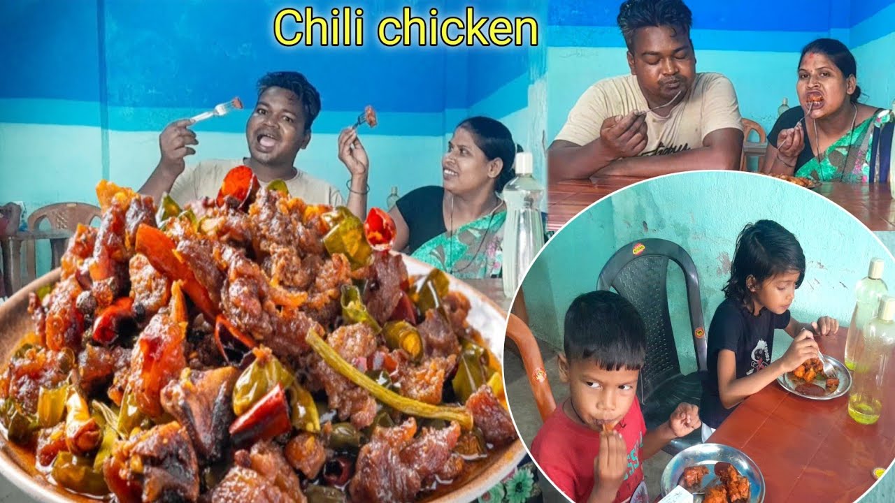 eating show | Chicken chilli today eating village family | mukbang chicken chilli - YouTube