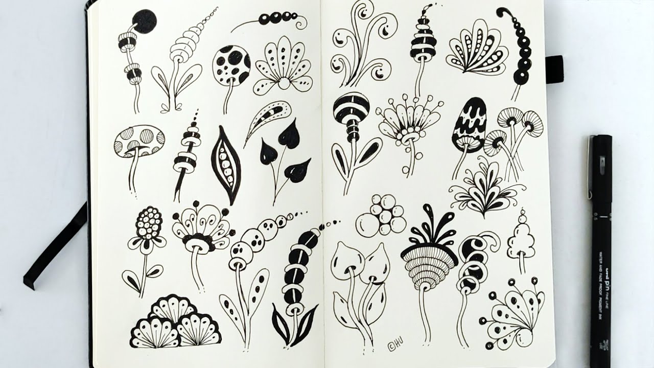 Flower doodles, zen doodle art and tangle art: sample pattern drawings for beginners - YouTube