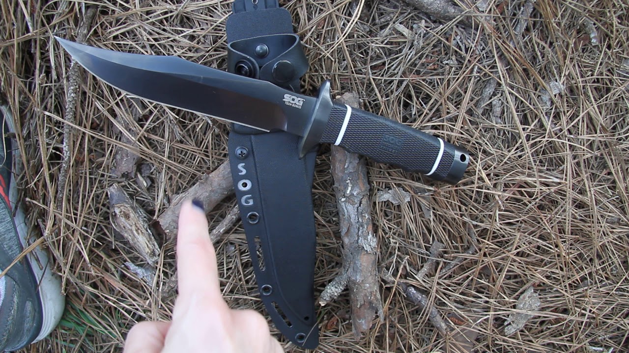 SOG Tech Bowie Black TiNi Knife S10B - video demo - YouTube