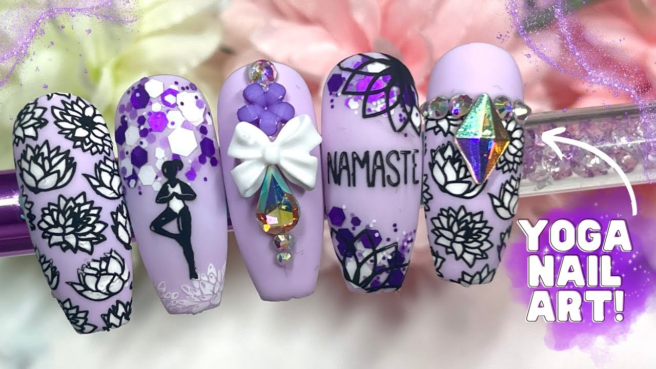 PURPLE FUN YOGA THEMED NAIL ART DESIGN USING STAMPING PLATES| FLORAL ...