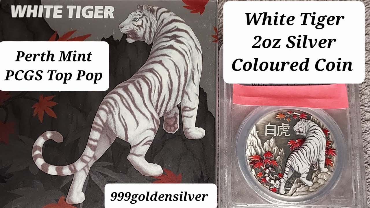 White Tiger 2oz Silver Antiqued Coloured Coin, Perth Mint, PCGS, Top ...