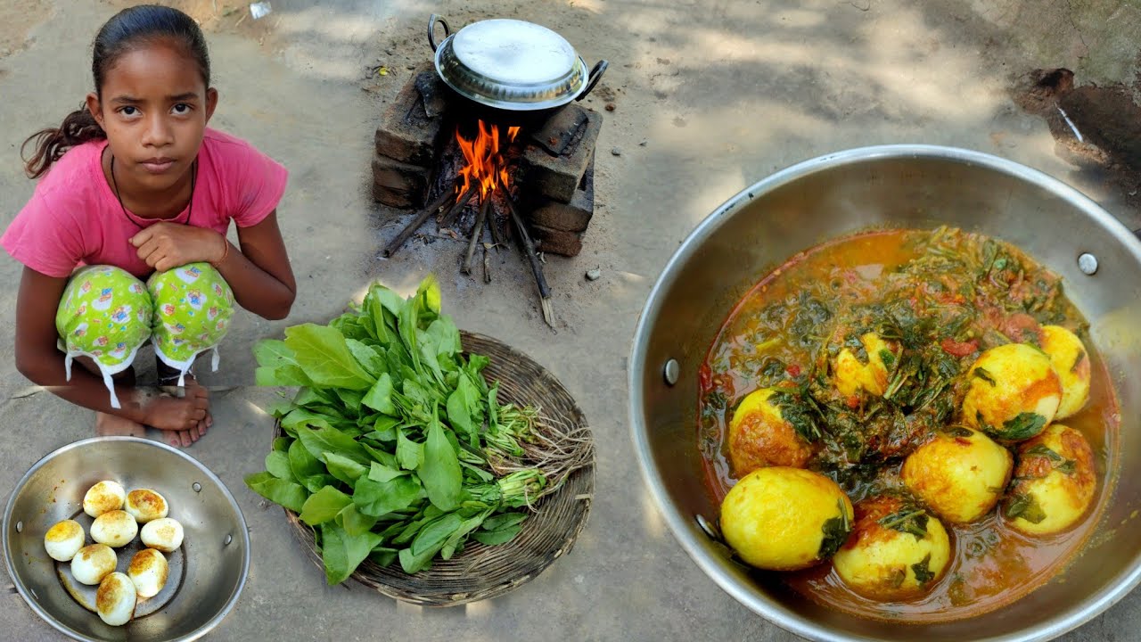 Egg Palak Curry Recipe Cooking and eating Village style Cooking by ...