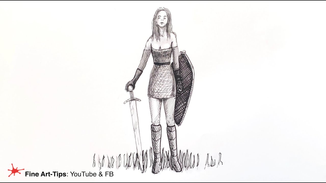 HOW TO DRAW A PRETTY WOMAN WITH A SWORD - with ink - YouTube