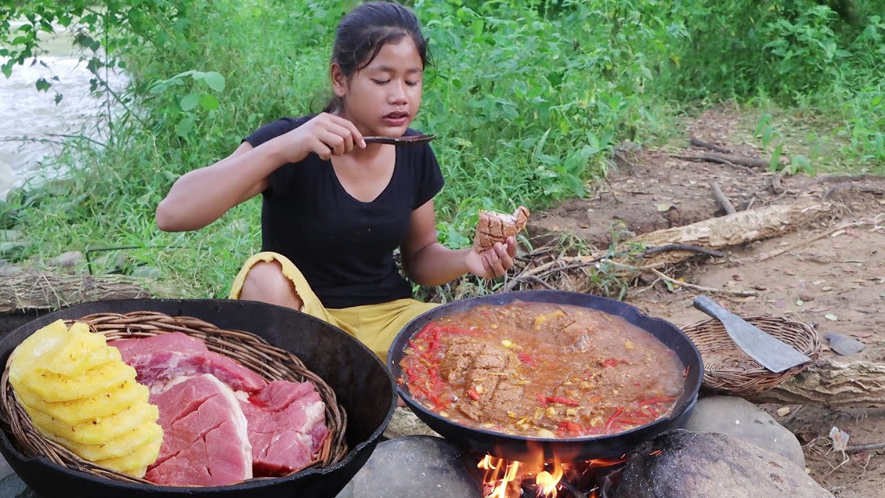 Survival cooking near river - Cooking beef curry delicious with ...