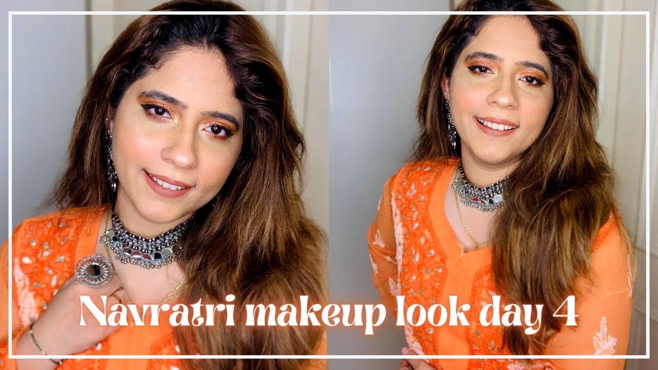 Navratri Makeup Look Day 4 || Orange Eye Makeup Look || Indian Festive ...