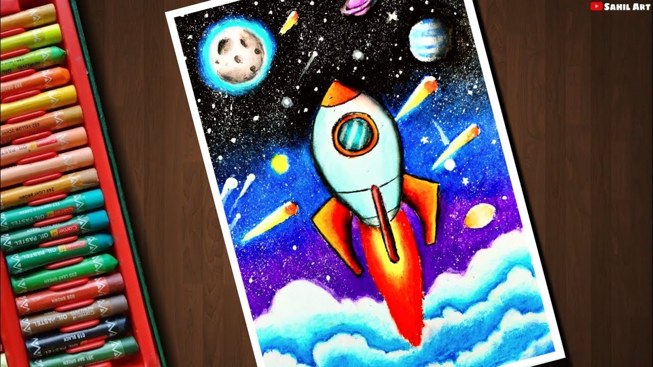 Rocket in space🚀 drawing with oil pastel for beginners #sahilart # ...
