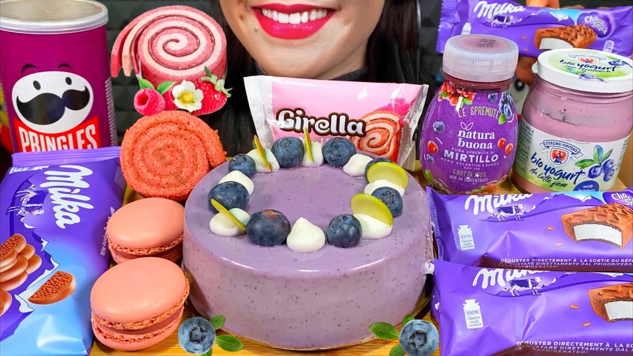 ASMR MILKA CHOCOLATE, BLUEBERRY & CREAM MOUSSE CAKE, MACARONS, PRINGLES ...