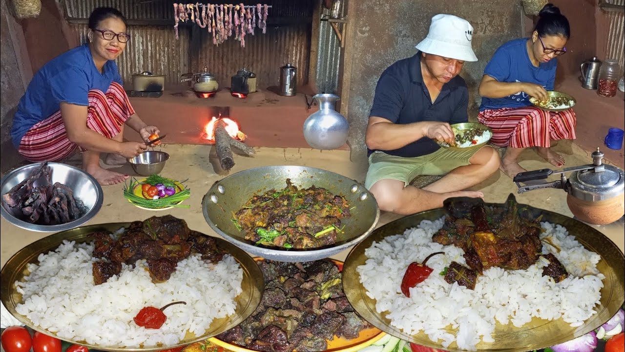 Nepali Village Cooking Beef Dry Meat and Rice in Their Village Style ...
