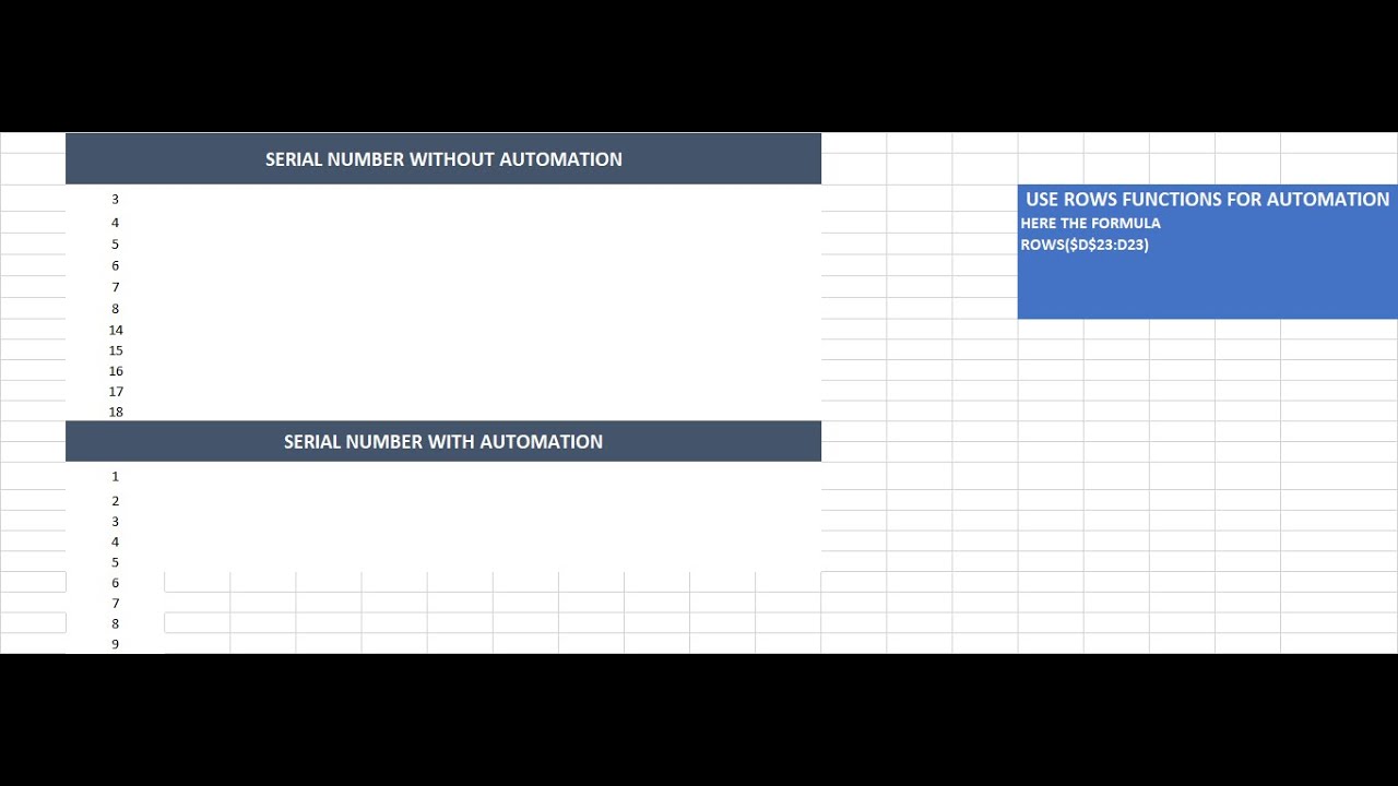 SERIAL NUMBERS AUTOMATION USING ROWS FUNCTION - YouTube
