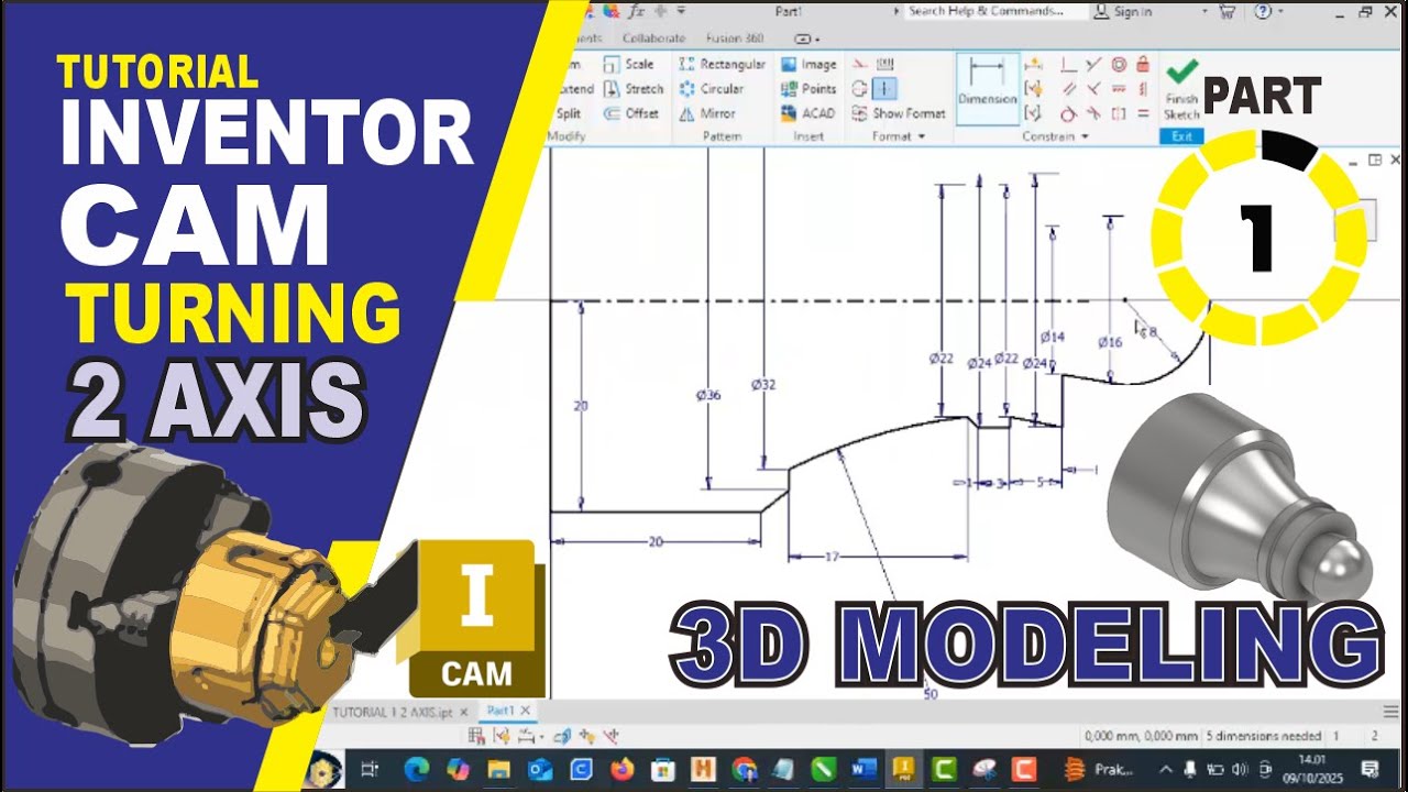 Tutorial Inventor CAM Turning 2 Axis Part 1 | 3D Modeling Langkah demi ...