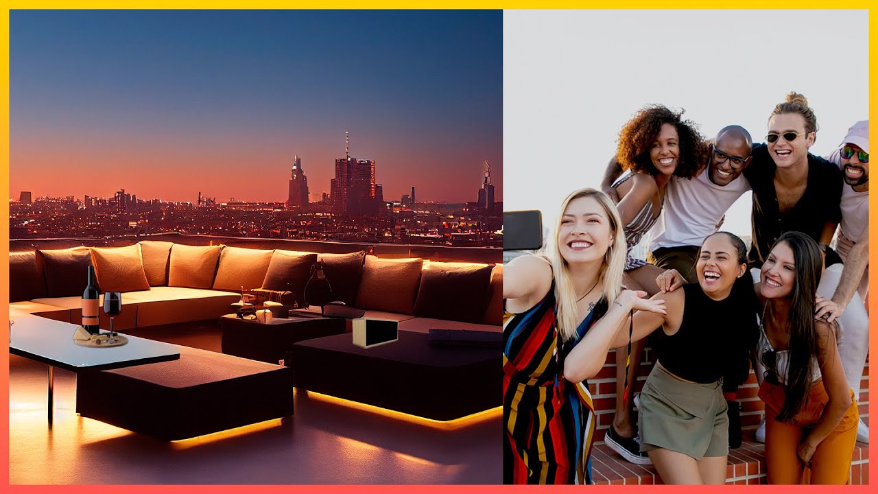 Rooftop ambience, city view with people talking pleasantly and ...