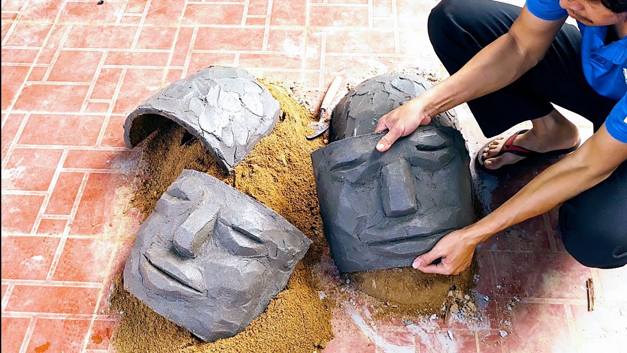 Cement crafts | DIY flower pots / Forged an ancient human face stone ...