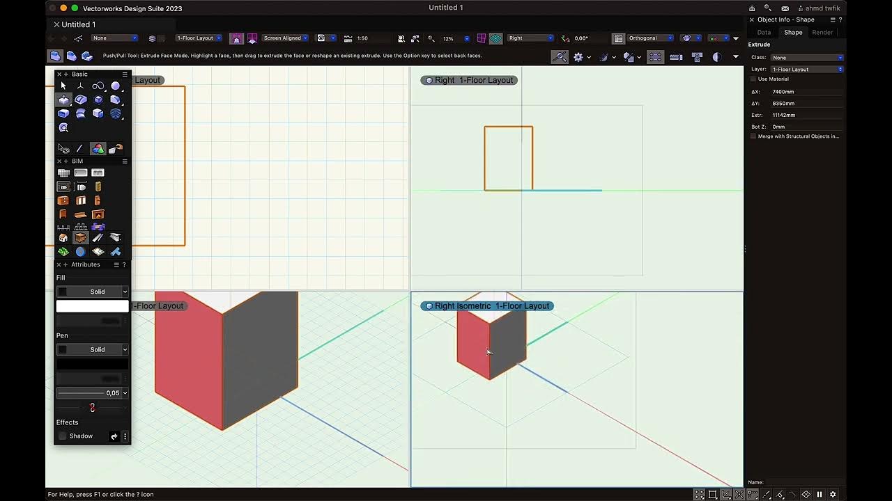 How to extrude 2d shape and change 3d views in Vectorworks - YouTube