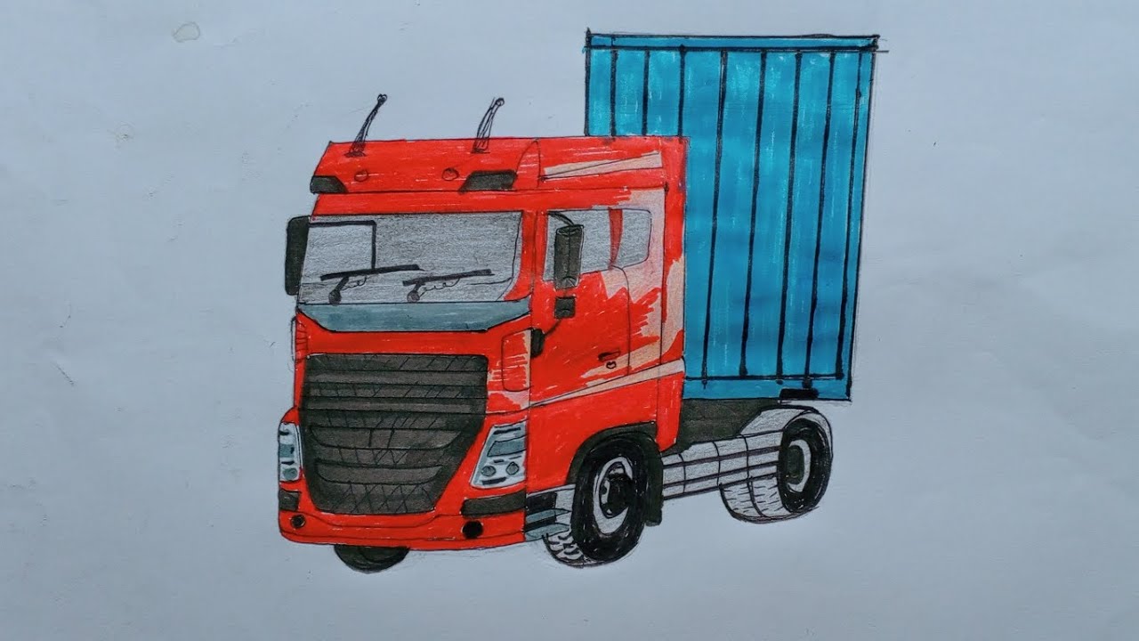How To Draw 14 Wheeler Container|| Easy Step By Step|| In 7 Minutes ...