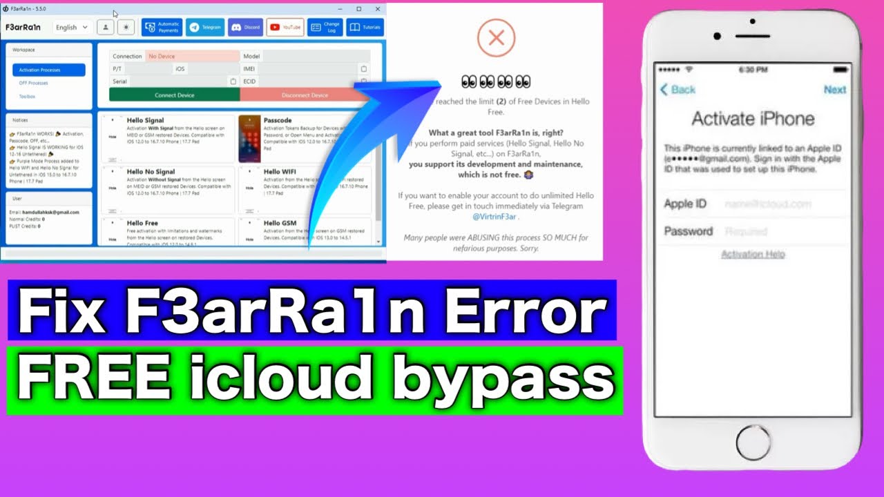 Fix iCloud Bypass Error F3arRa1n FREE TOOL - YouTube