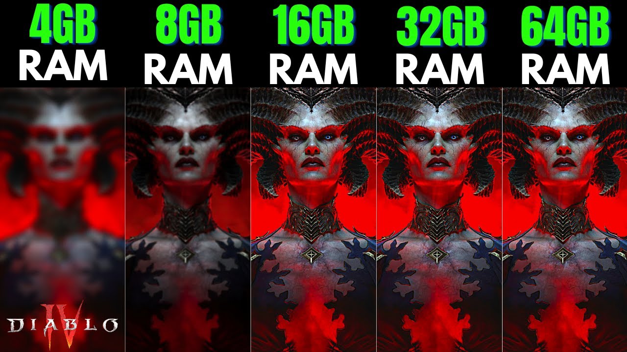 Diablo 4 4gb ram vs 8gb ram vs 16gb ram vs 32gb ram vs 64gb ram - YouTube