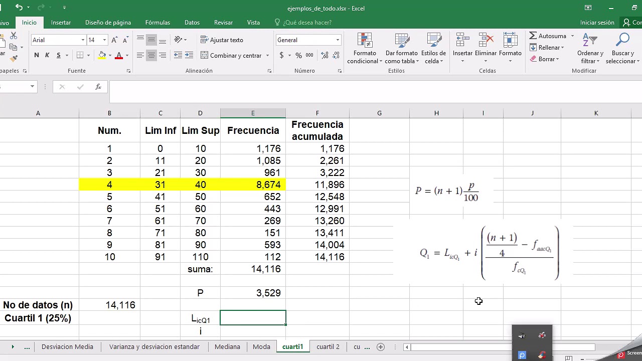 Calcular el primer cuartil de clases y frecuencias - YouTube
