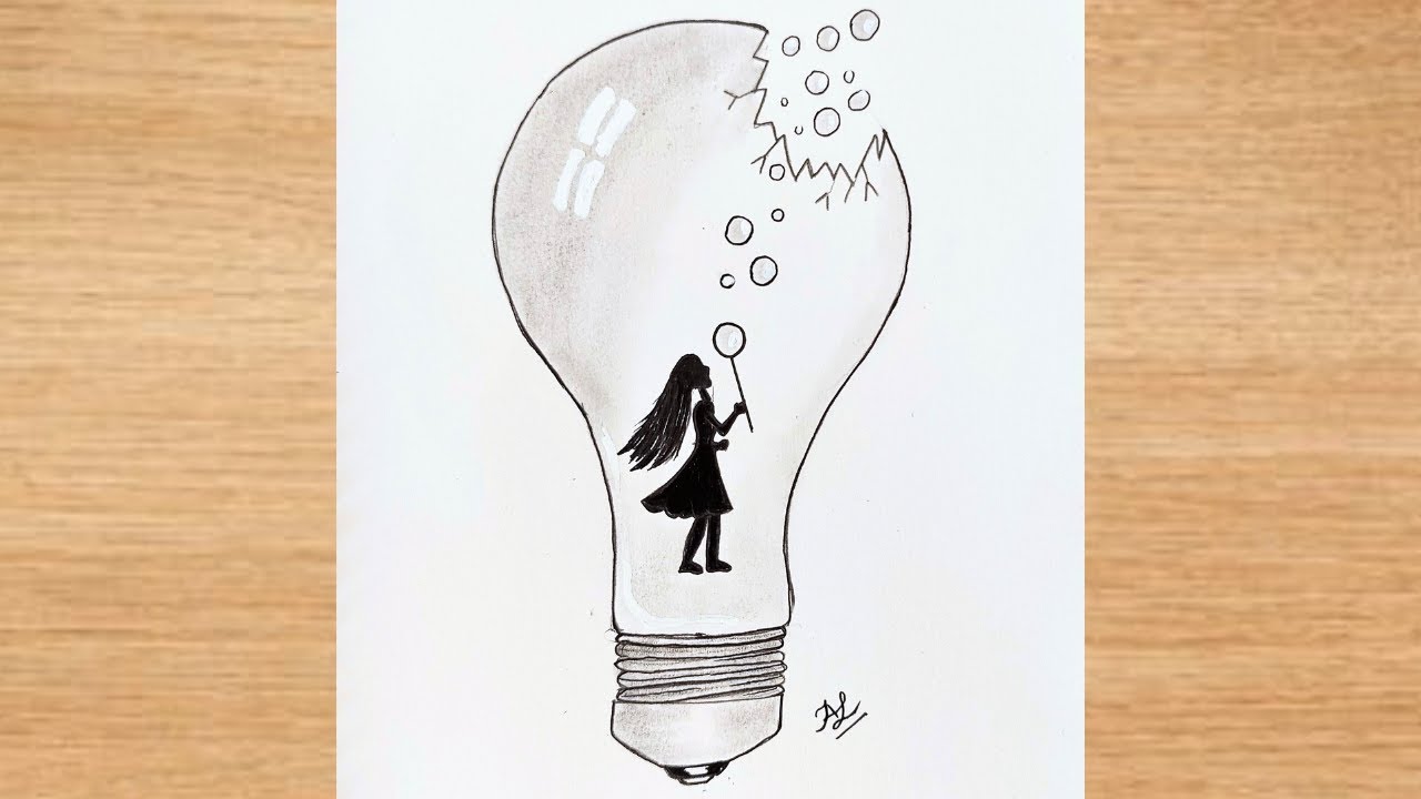 How to draw a girl inside Bulb - step by step / Easy pencil sketch ...