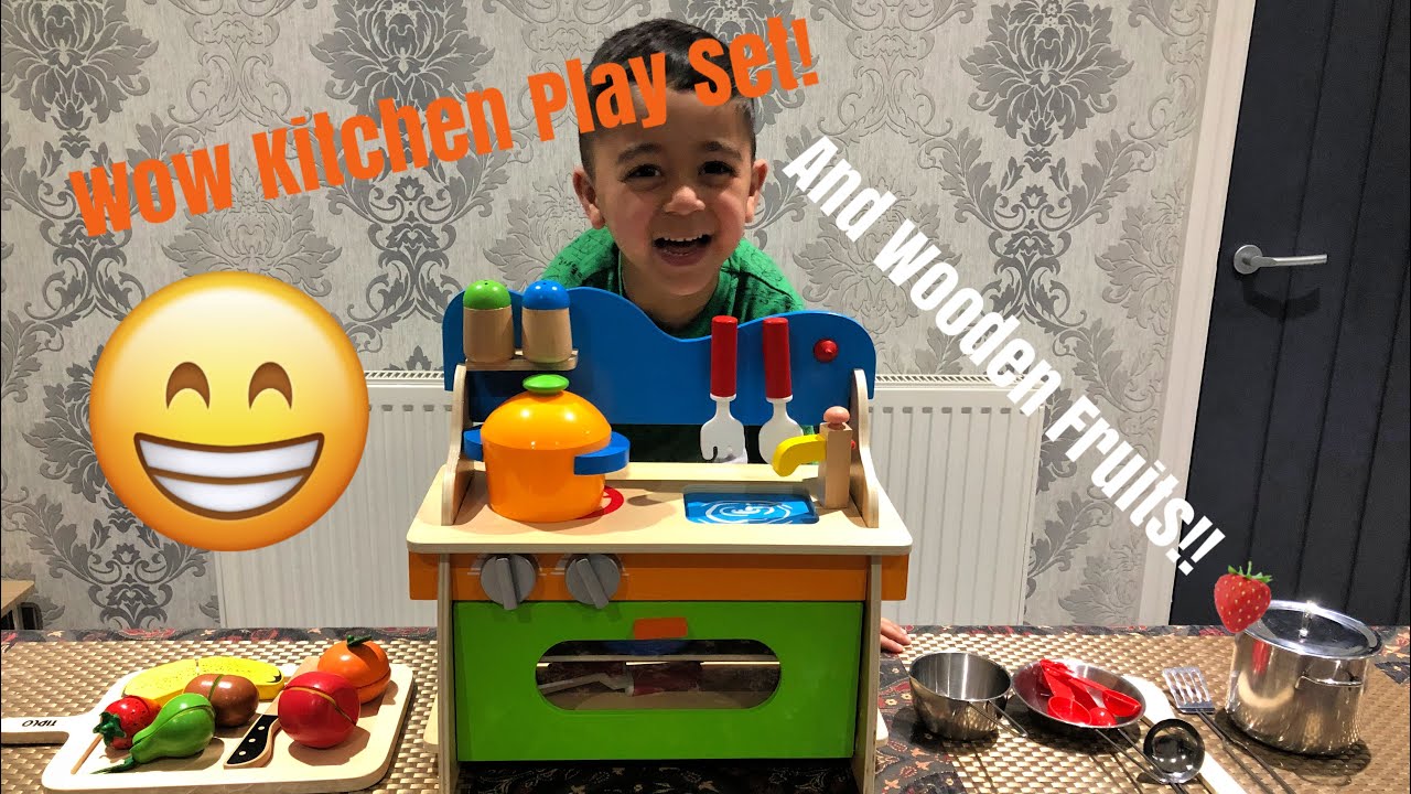 Playing With Kitchen Toy Playset and Wooden Utensils (Role Play Cooking ...